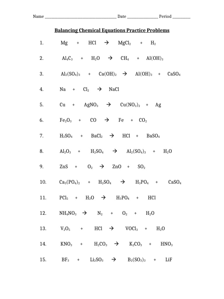 Balancing Chemical Equations Practice Problems | PDF