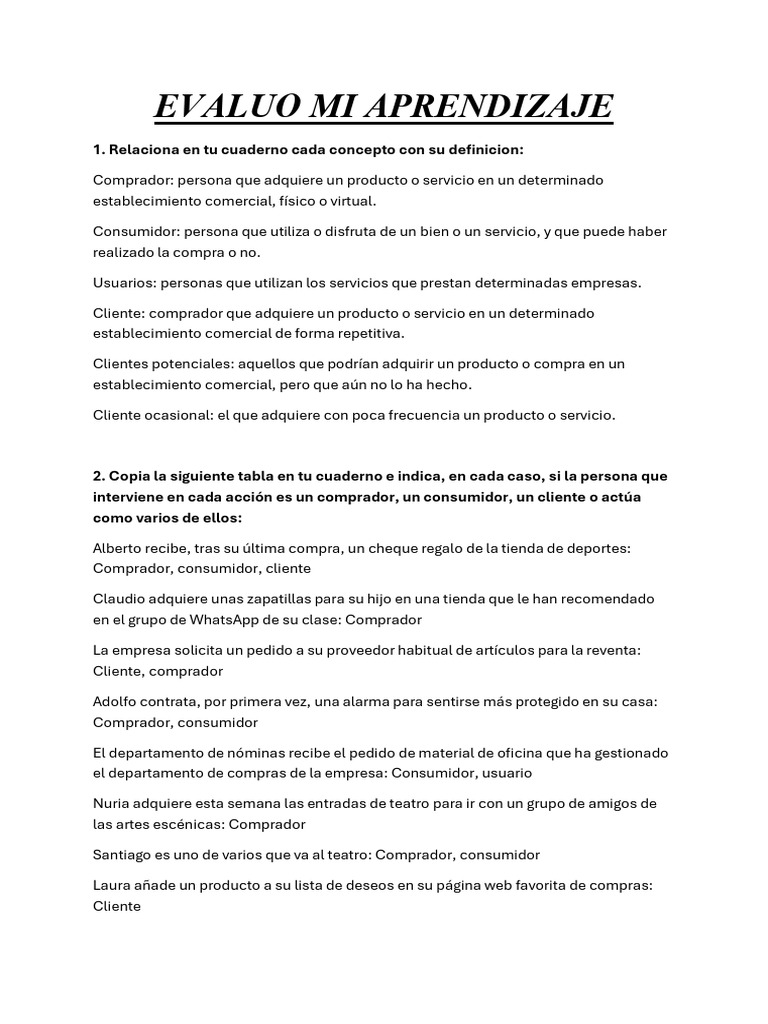 Evaluo Mi Aprendizaje1 | PDF | Cliente | Los consumidores