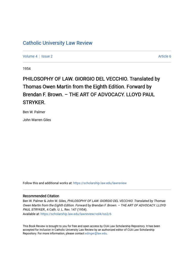 DEL VECCHIO PHILOSOPHY OF LAW. Translated by Thomas Owen | PDF ...
