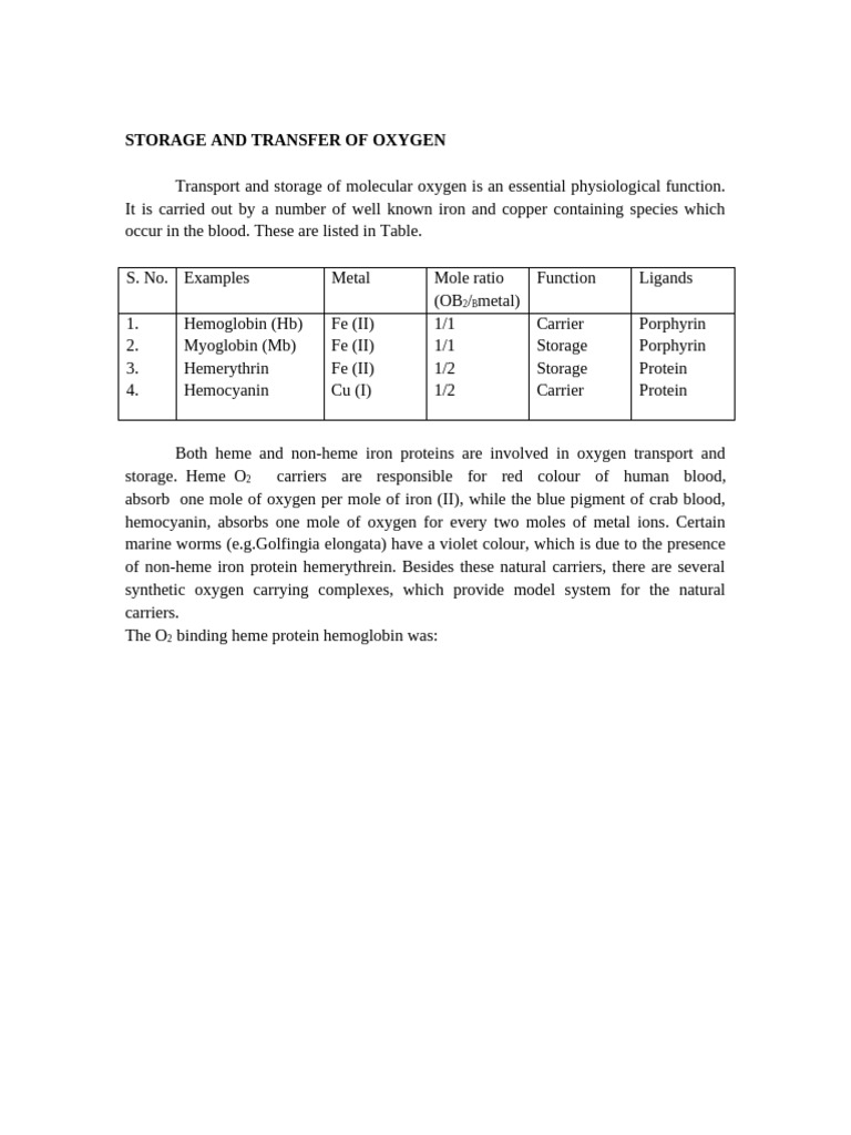 Oxygen Transport and Storage Mechanisms | PDF | Hemoglobin | Iron