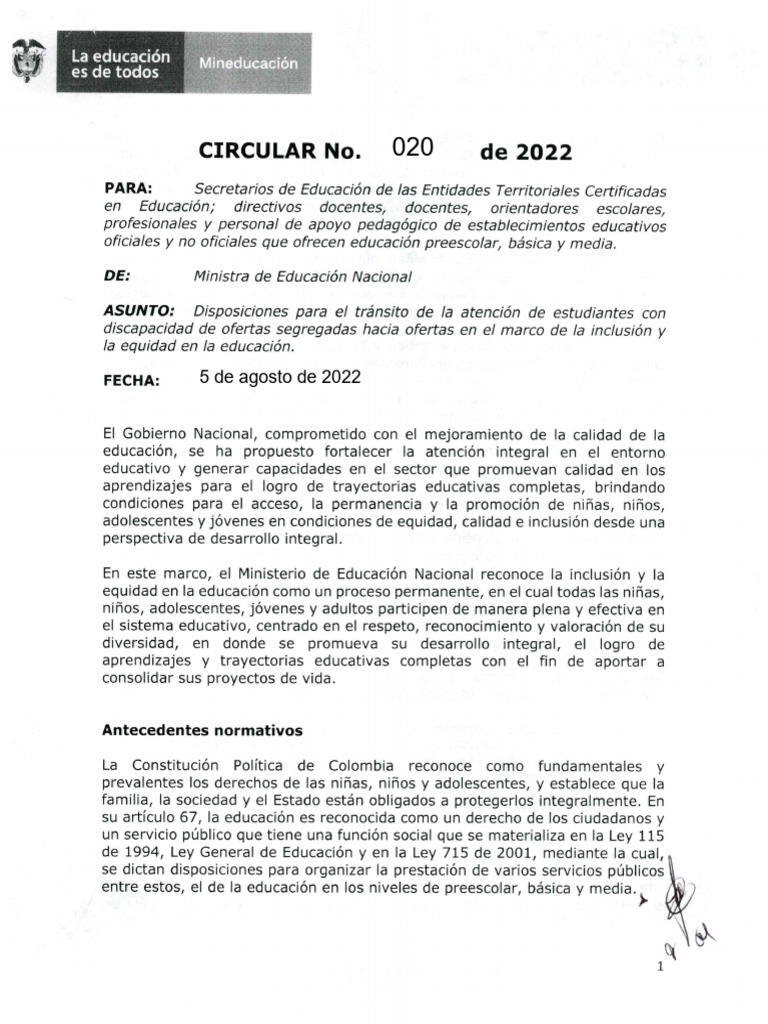 Circular 020 de 2022 Inclus Educa Derechos Lineam Etc | PDF