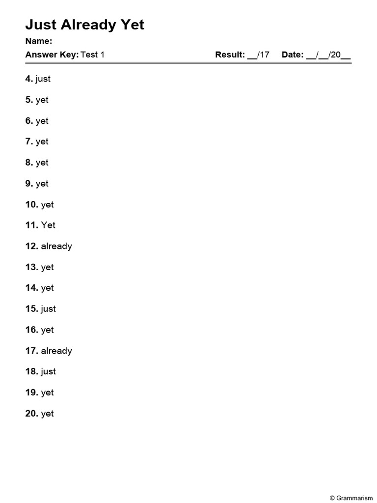 Grammarism Just Already Yet Test 1 Answers 2152582 | PDF