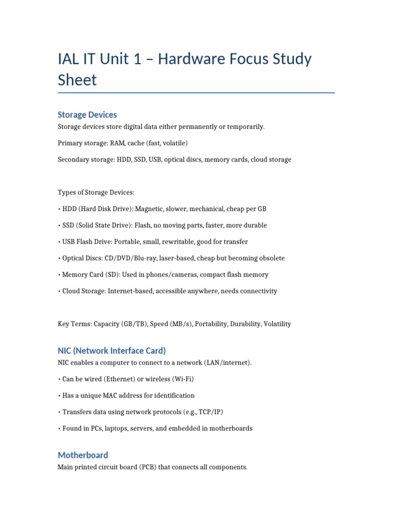 IAL IT Unit1 Hardware Study Sheet | PDF