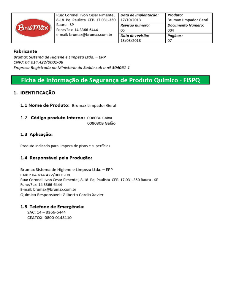Fispq Brumax Limpador Geral | PDF | Desperdício | Química