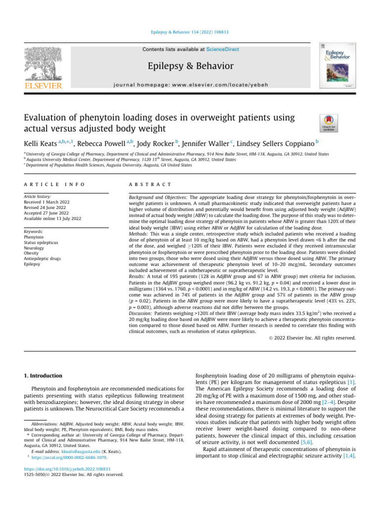 Evaluation of Phenytoin Loading Doses in Overweight Patients Using ...
