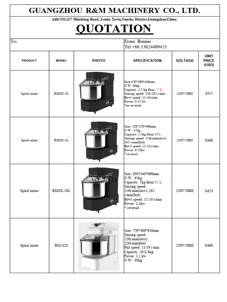 Quotation For Spiral Mixer | PDF
