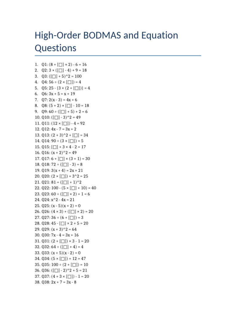High Order BODMAS Questions | PDF