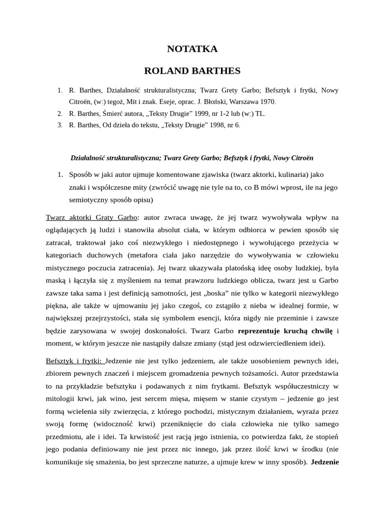 Roland Barthes - Notatka | PDF