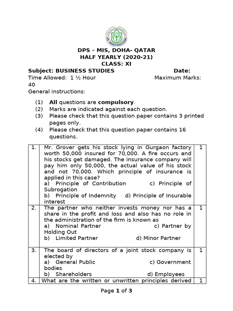 busSTDS HALF YEARLY QP-2020 | PDF | Lease | Insurance