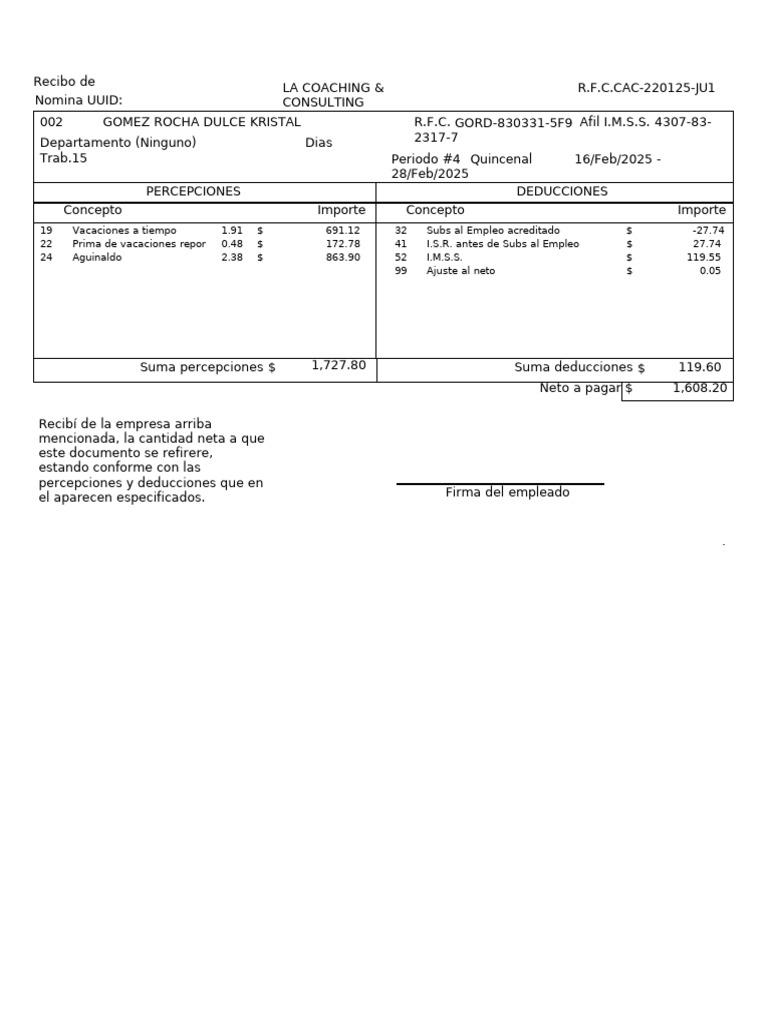 Recibo de Nómina de Dulce Kristal | PDF