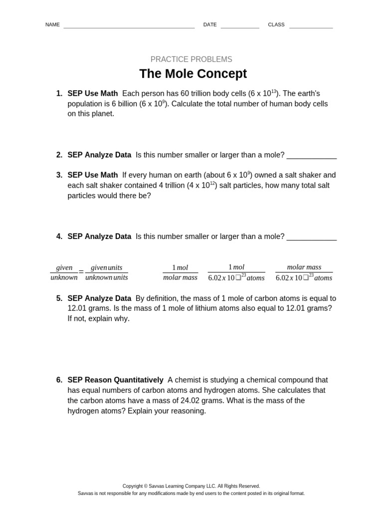 The Mole Concept Practice Problems | PDF | Mole (Unit) | Atoms