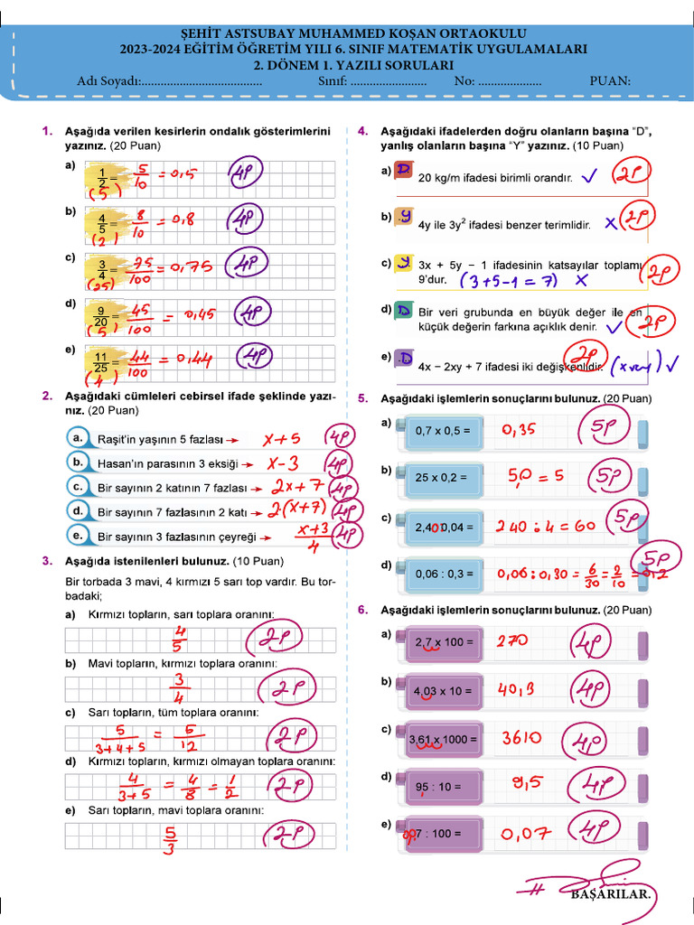 Sinif 2. Dönem 1. Yazili Sinavi Matemati̇k Uygulamalari - Cevap Anahtari | PDF