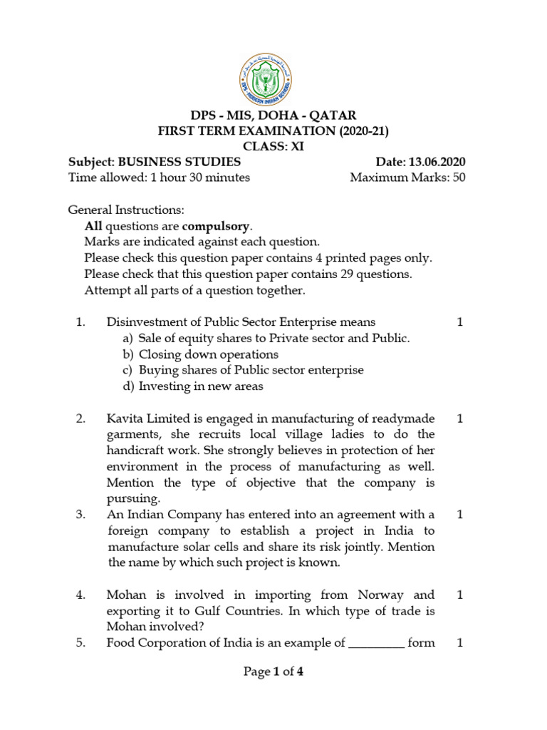 XI First Term Exam BUS STDS QP - 2020 | PDF | Sole Proprietorship | Business Economics