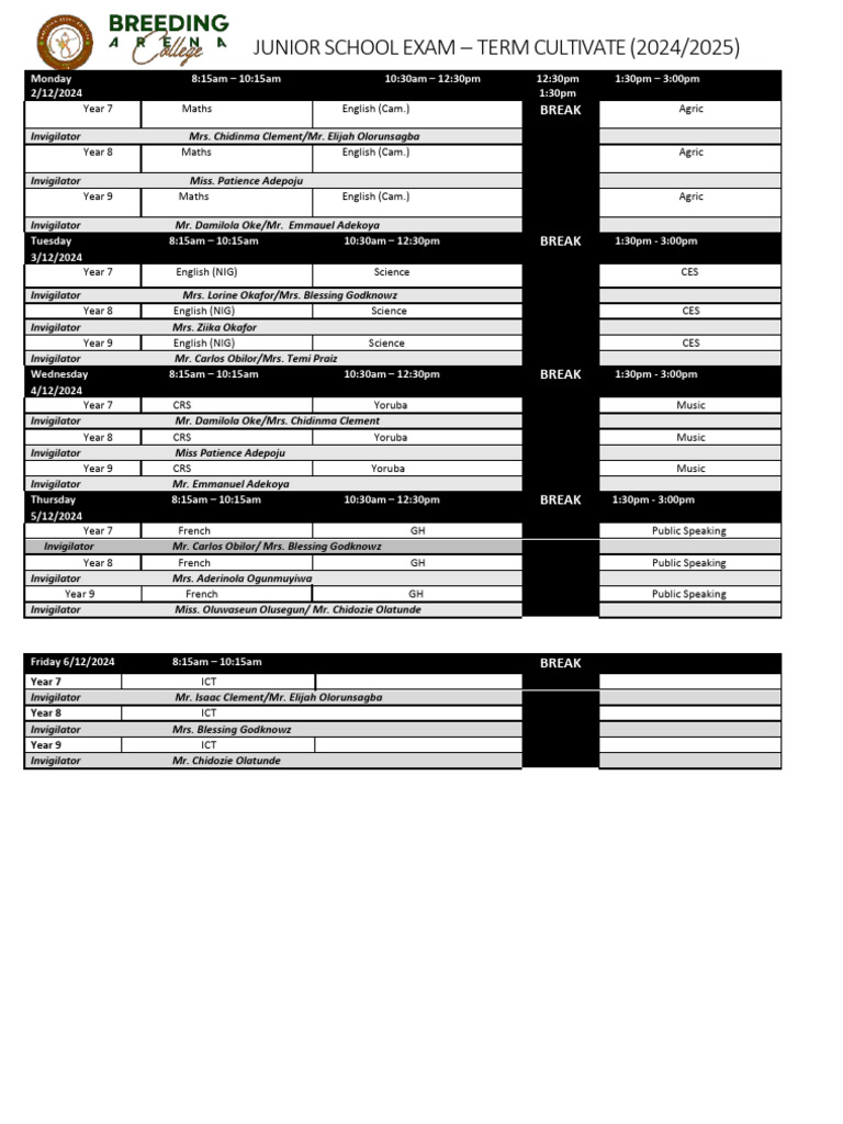 Junior School Exam Timetable - Cultivate 24 - 25 | PDF