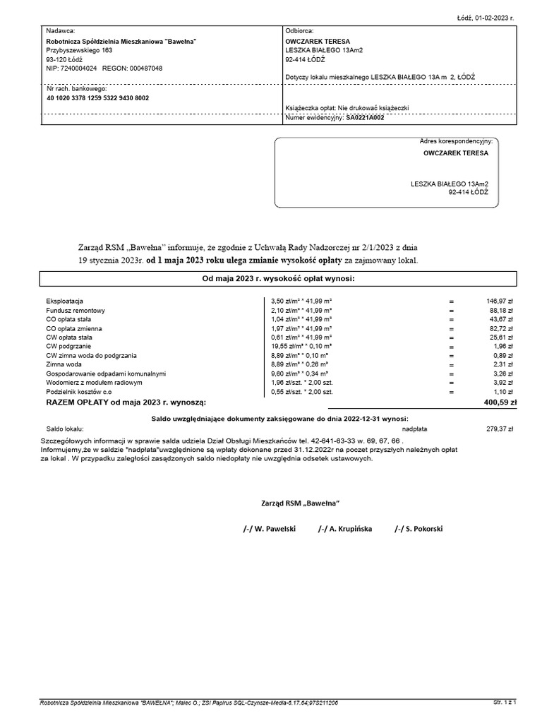 Zarz D RSM Bawe Na" Informuje, e Zgodnie Z Uchwa Rady Nadzorczej NR 2/1/2023 Z Dnia 19 Stycznia ...