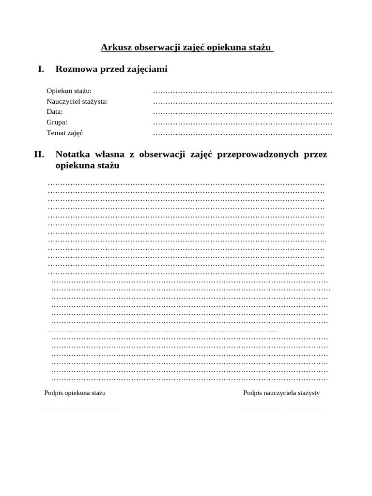 Arkusz Obserwacji Stażysty | PDF