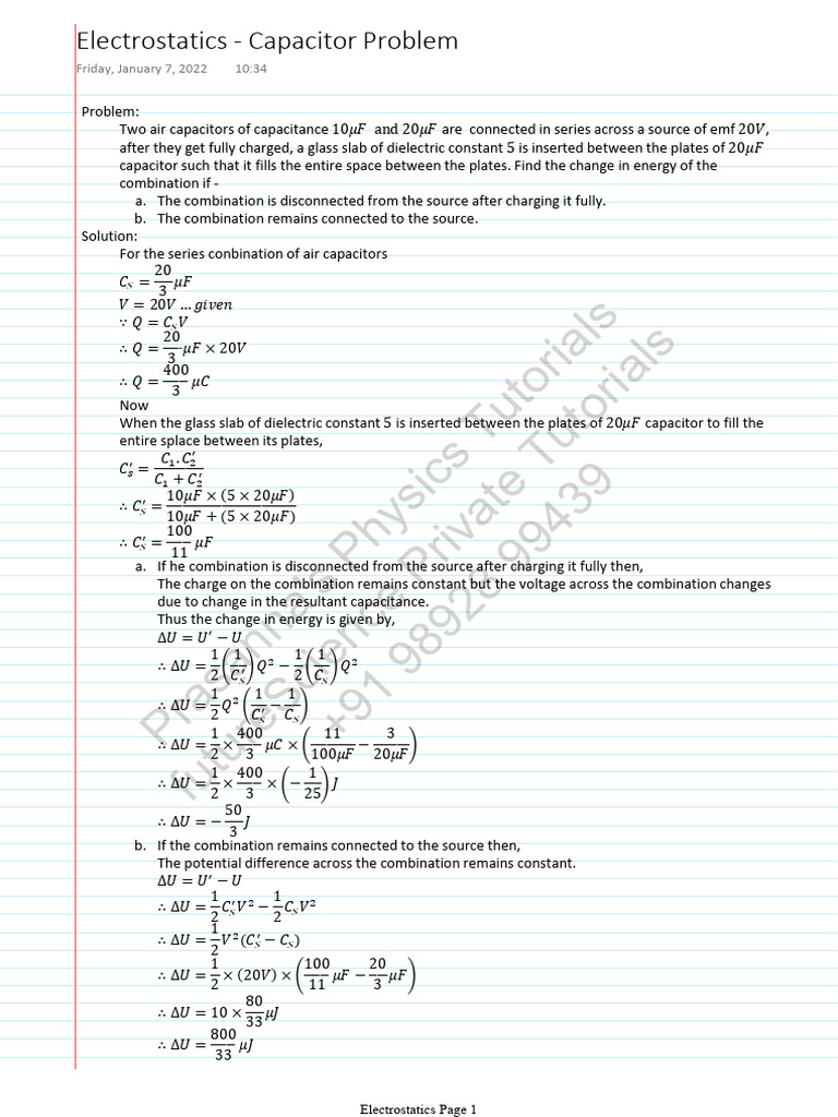 Electrostatics - Capacitor Energy Problem-1 | PDF | Capacitor | Capacitance