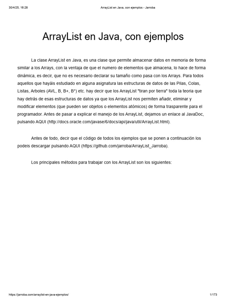 ArrayList en Java, Con Ejemplos - Jarroba | PDF | Java (lenguaje de programación) | Algoritmos y ...
