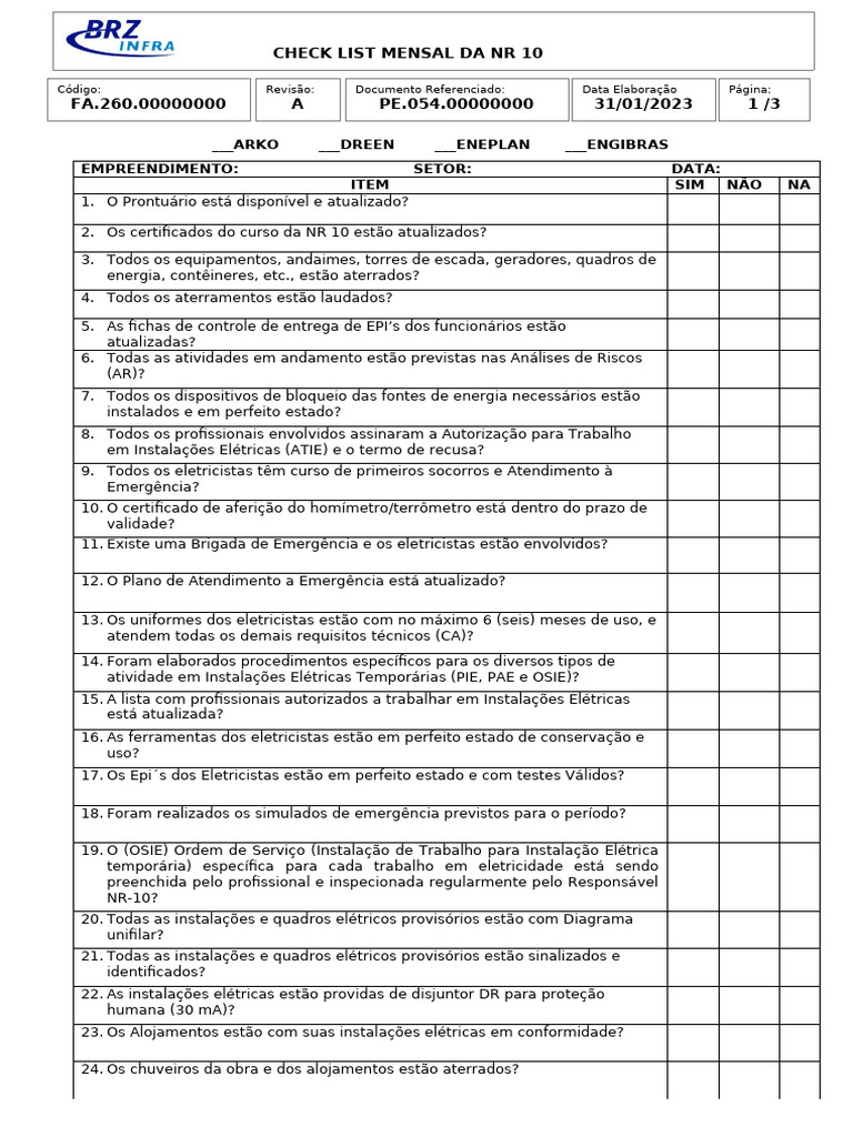 FA.260.00000000-A - Check List Mensal Da NR 10 | PDF