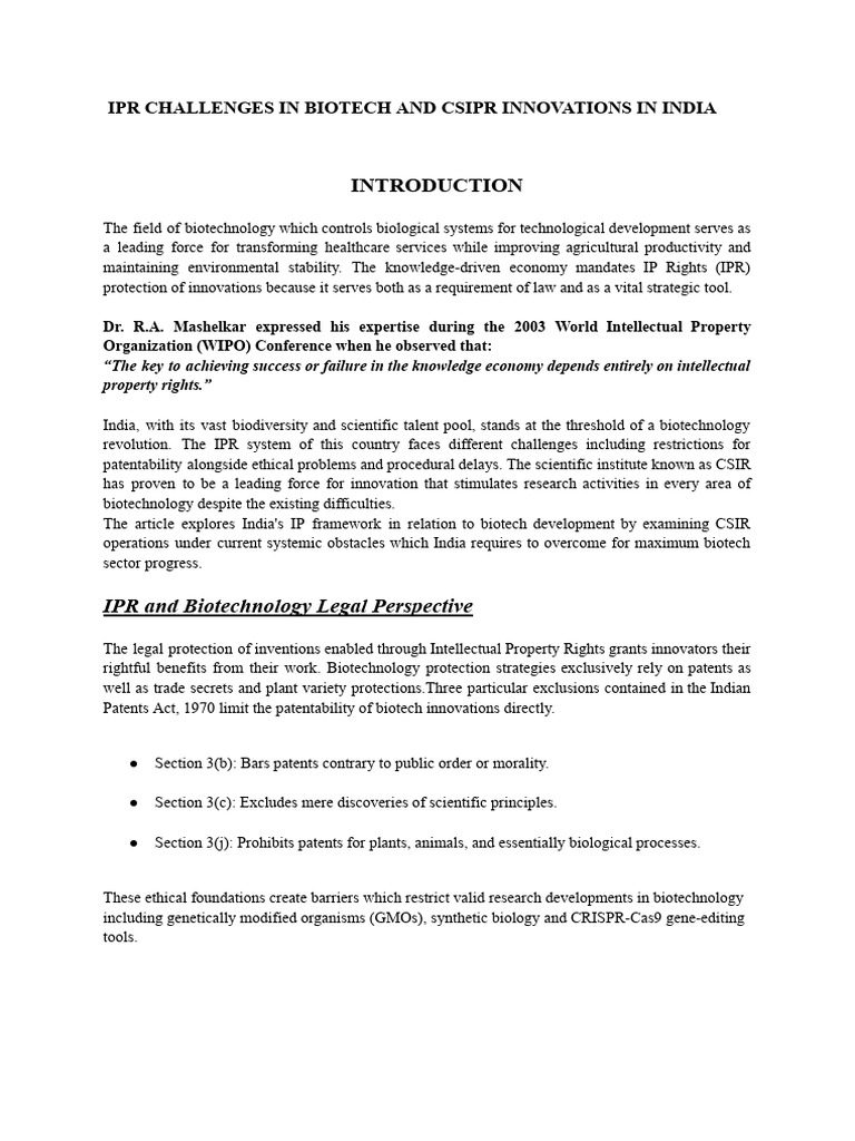 Ipr Challenges in Biotech and Csipr Innovations in India | PDF ...
