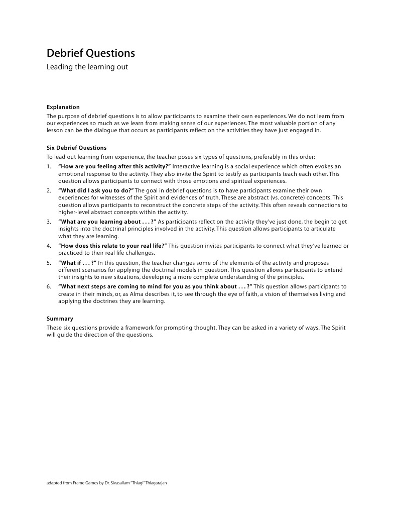 Debrief Questions for Reflective Learning | PDF