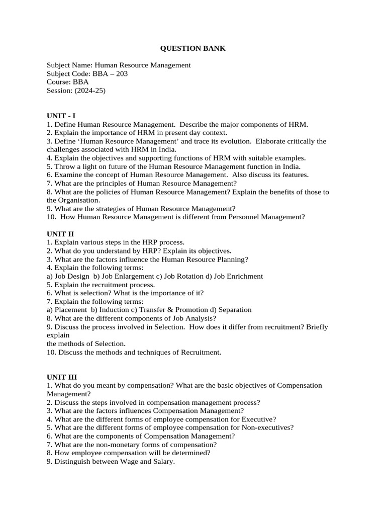 Human Resource Management Question Bank | PDF | Human Resource ...