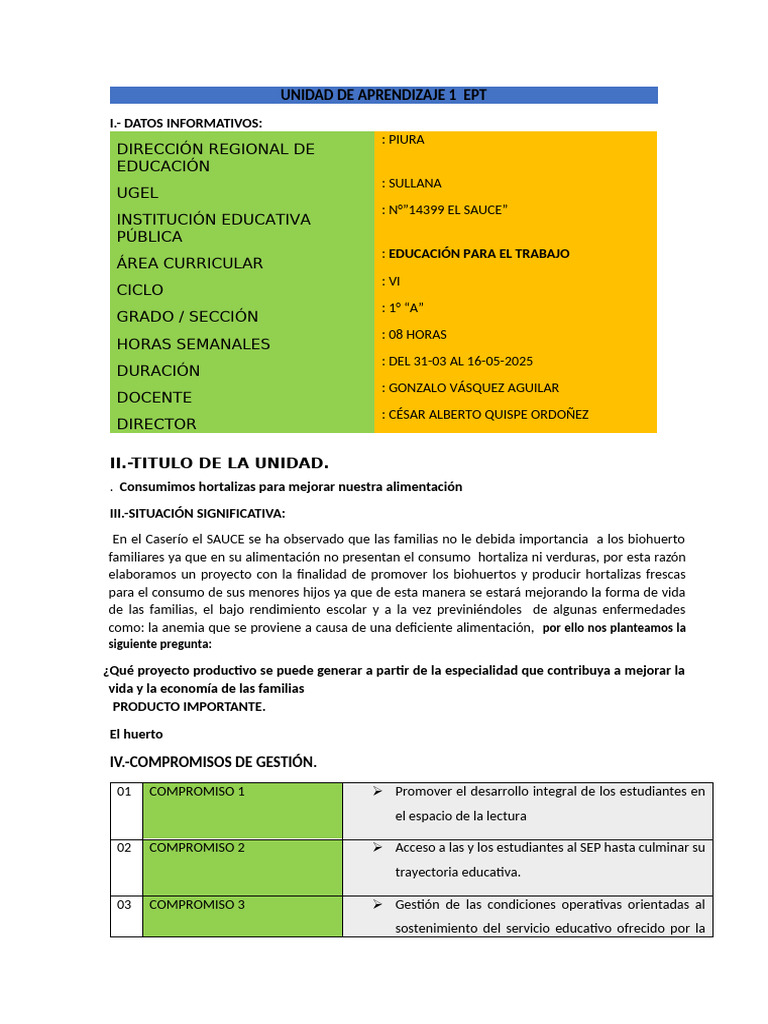 UNIDAD DE APRENDIZAJE 1 EPT 1° Grado | PDF | Evaluación