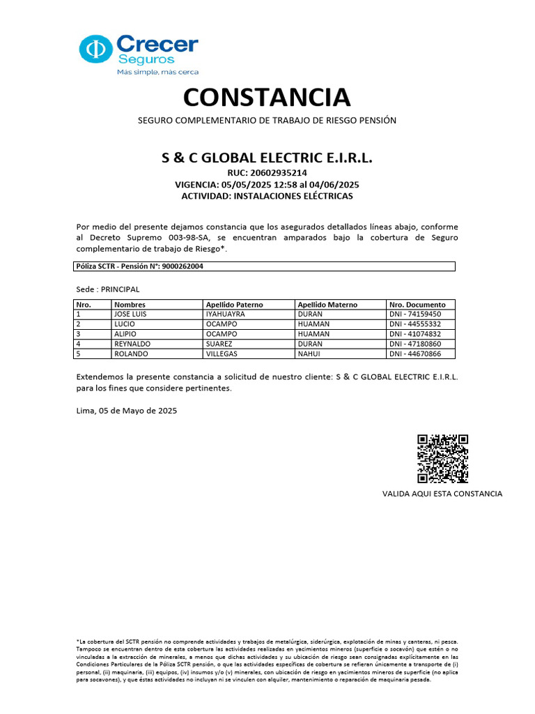 Constancia SCTR PENSION - S&C GLOBAL ELECTRIC | PDF | Póliza de seguros | Minería