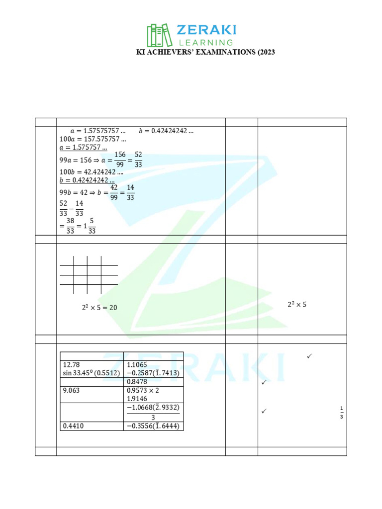 Mathematics Form 4 Paper 1 Marking Scheme Zeraki Achievers 9.0 - April 2023 | PDF | Mathematical ...