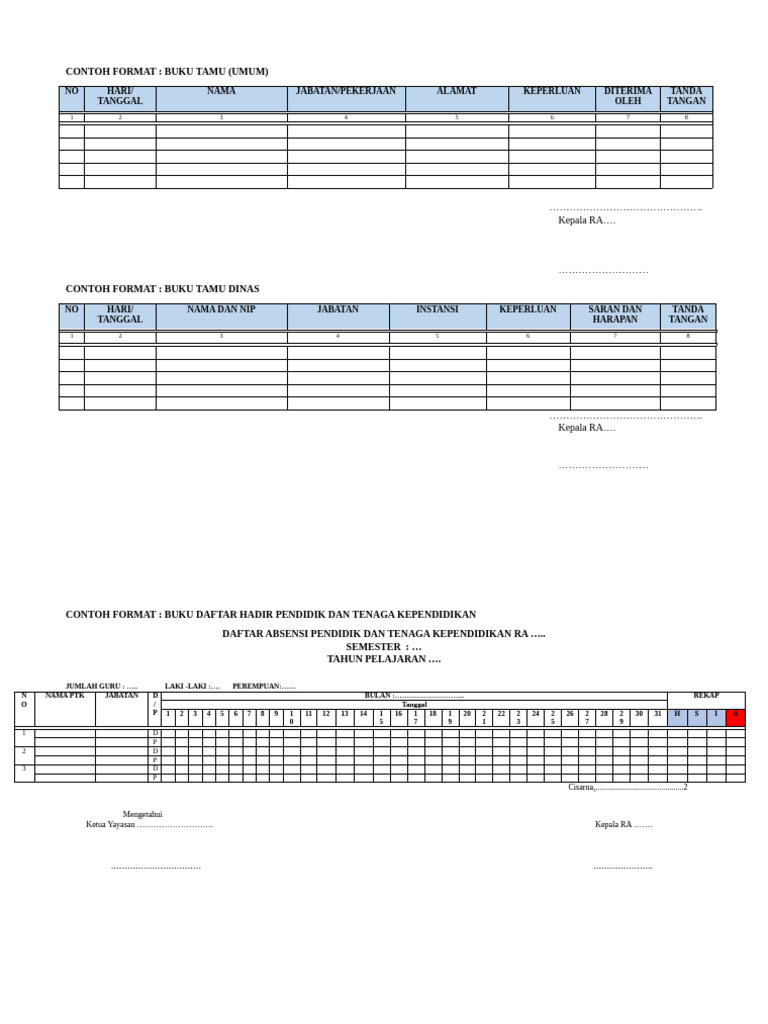 Contoh Format Buku Tamu Umum, Dinas, Daftar Hadir Guru | PDF