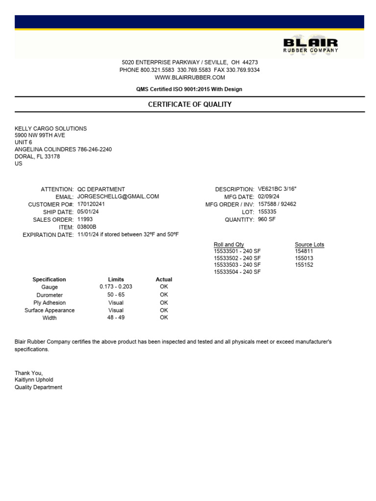 Product Certification For Order 157588, Invoice 92462 | PDF | Quality ...