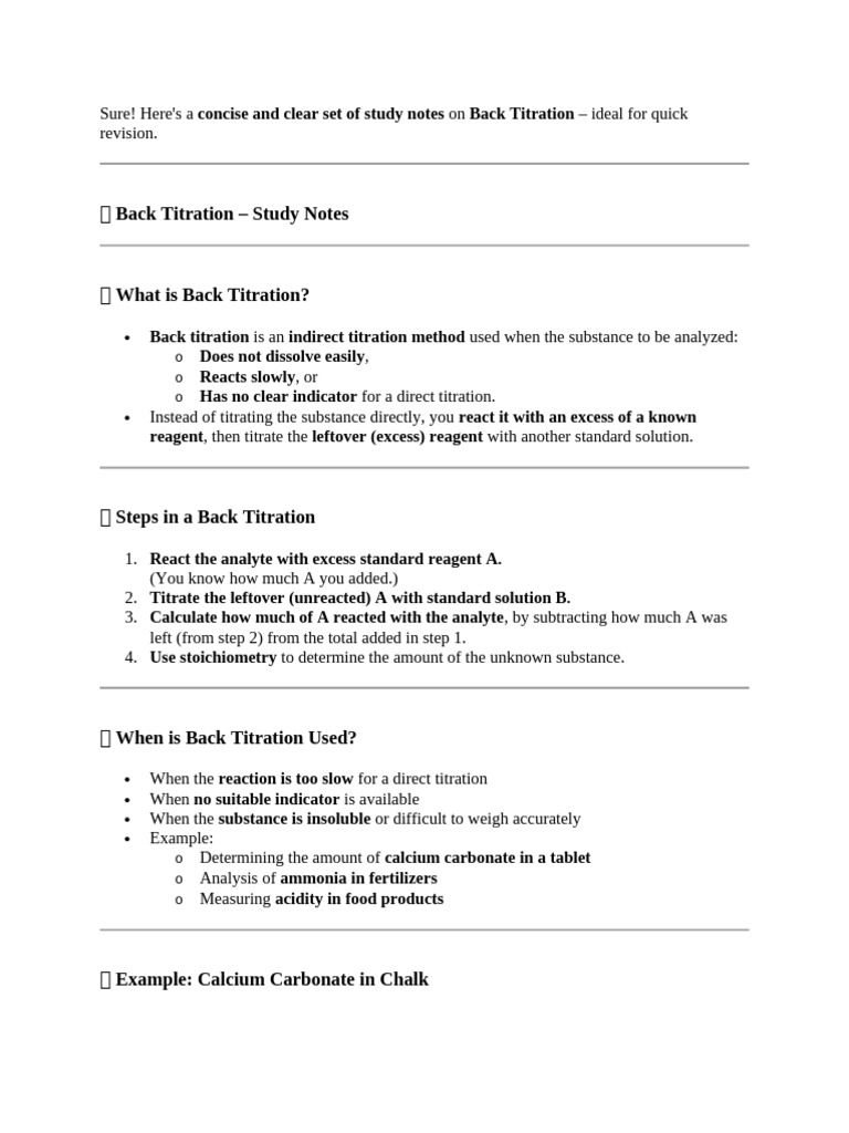 Back Titration Study Notes | PDF | Titration | Chemistry