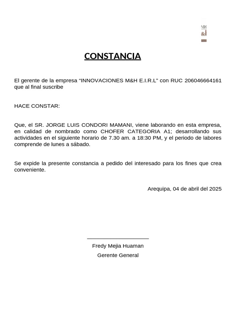Constancia Laboral De Chofer A1 Pdf