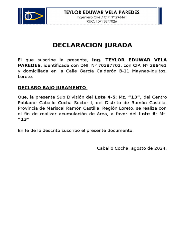 Declaración Jurada de Sub Division - TAYLOR VELA PAREDES | PDF