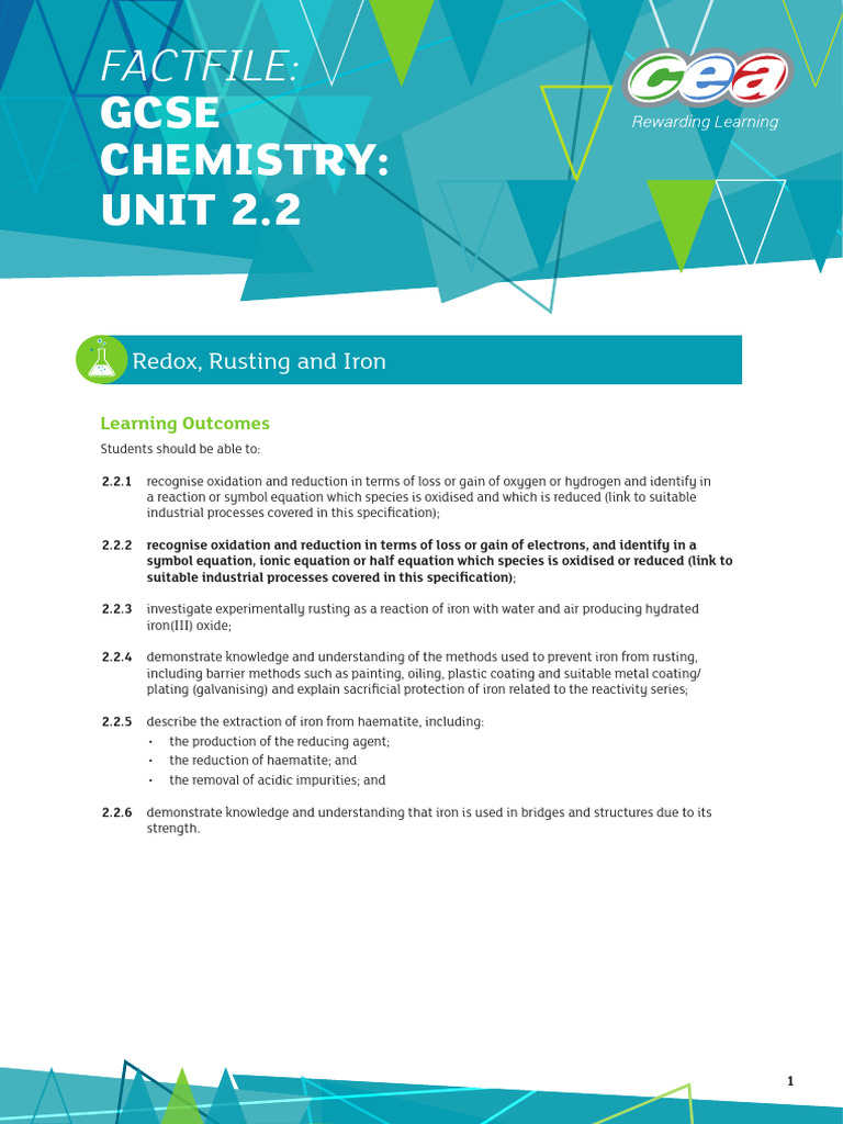CCEA GCSE Chemistry U2.2 Redox, Rusting and Iron | PDF | Redox | Rust