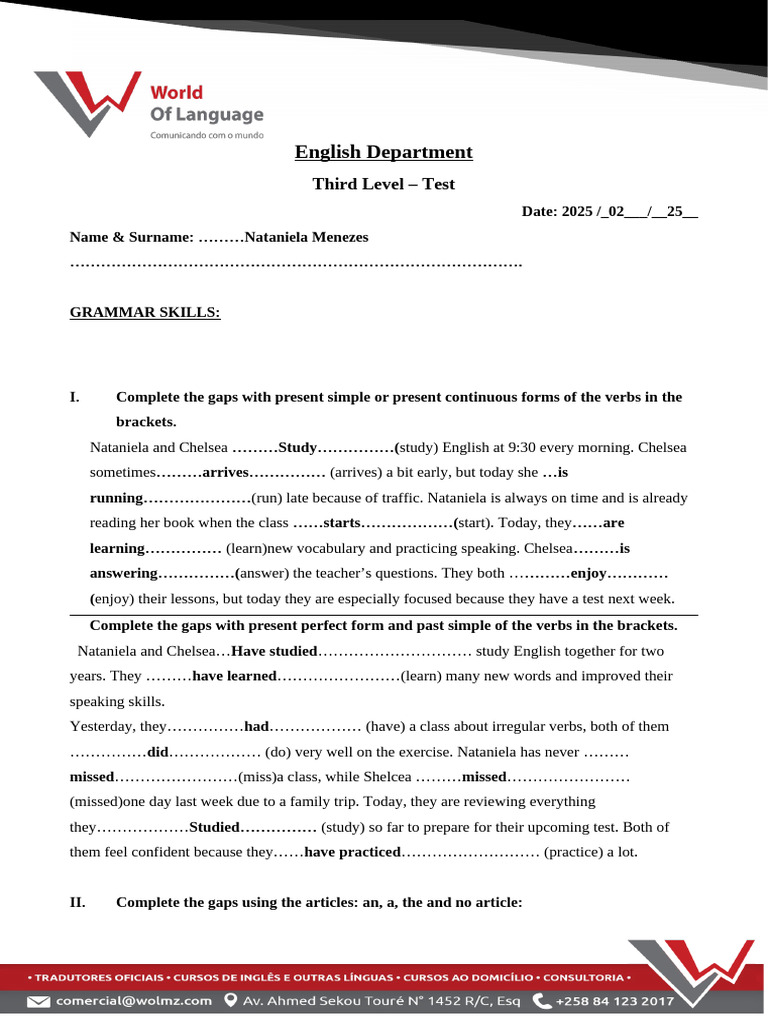 Level 3 Grammar Test Questions | PDF | English Language | Languages