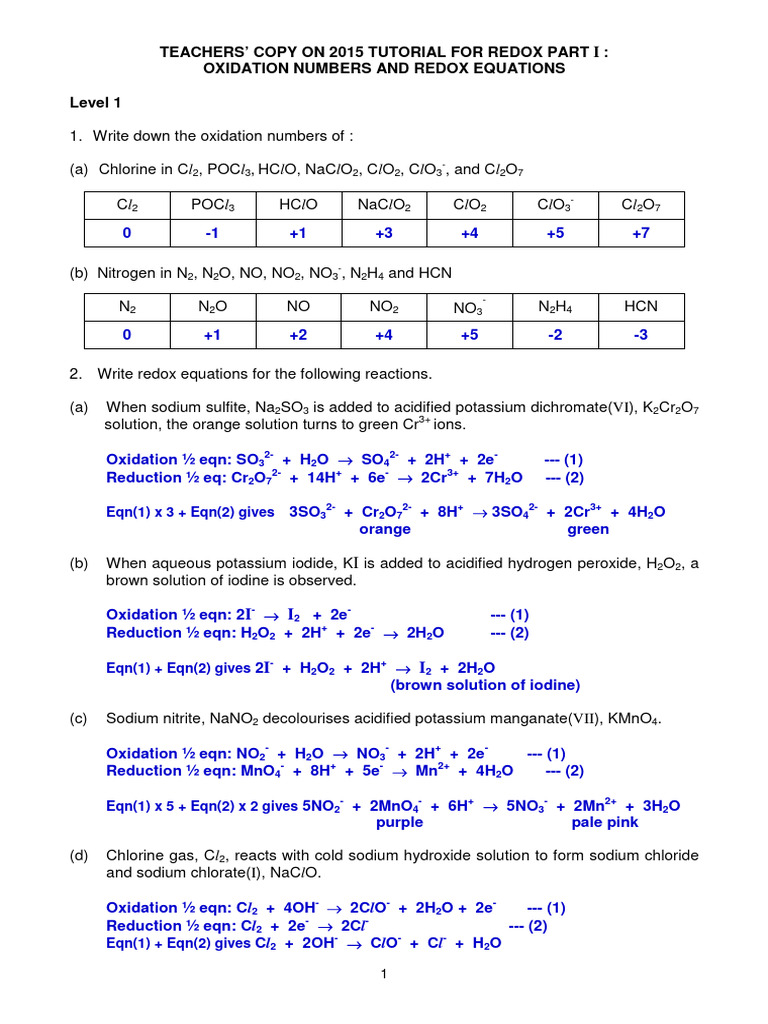 Redox Reactions and Oxidation Numbers | PDF | Chlorine | Sulfur Dioxide