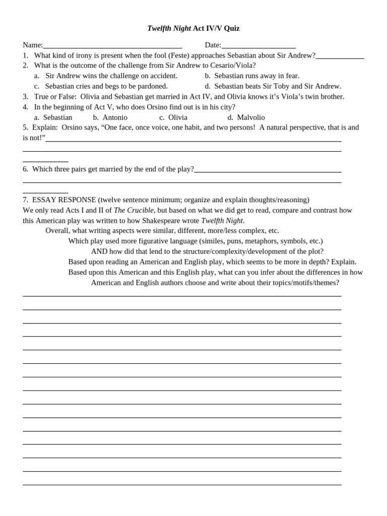 Twelfth Night Act IV Quiz | PDF