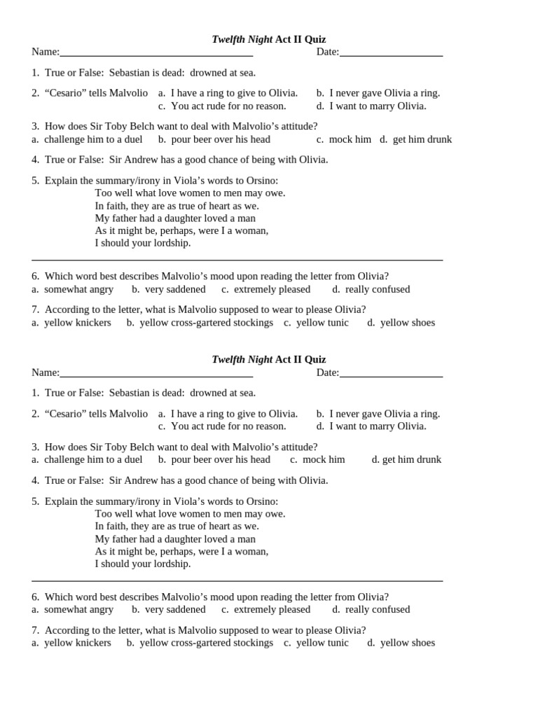 Twelfth Night Act II Quiz | PDF | Twelfth Night | Plays