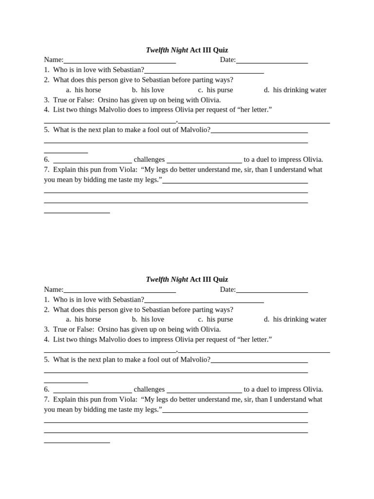 Twelfth Night Act III Quiz | PDF