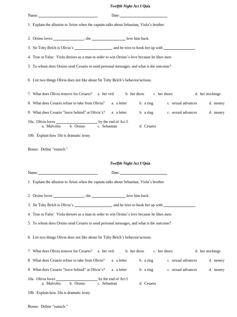 Twelfth Night Act I Quiz | PDF | Twelfth Night | Plays