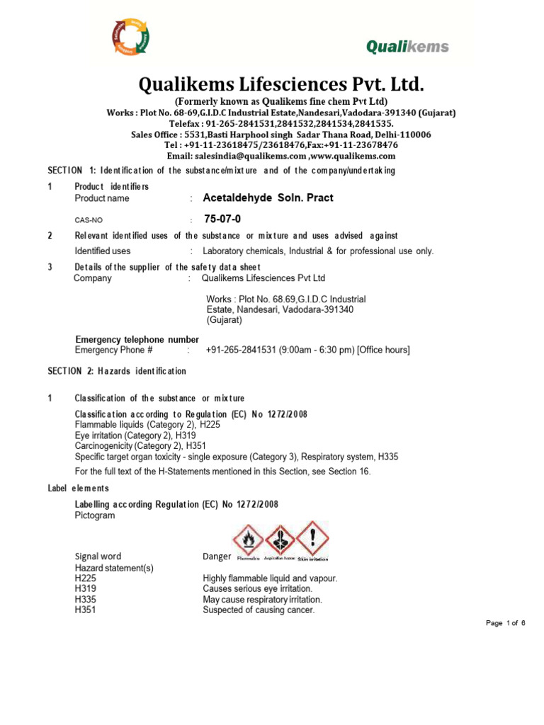 MSDS - Acetaldehyde Soln. Pract | PDF | Occupational Safety And Health ...
