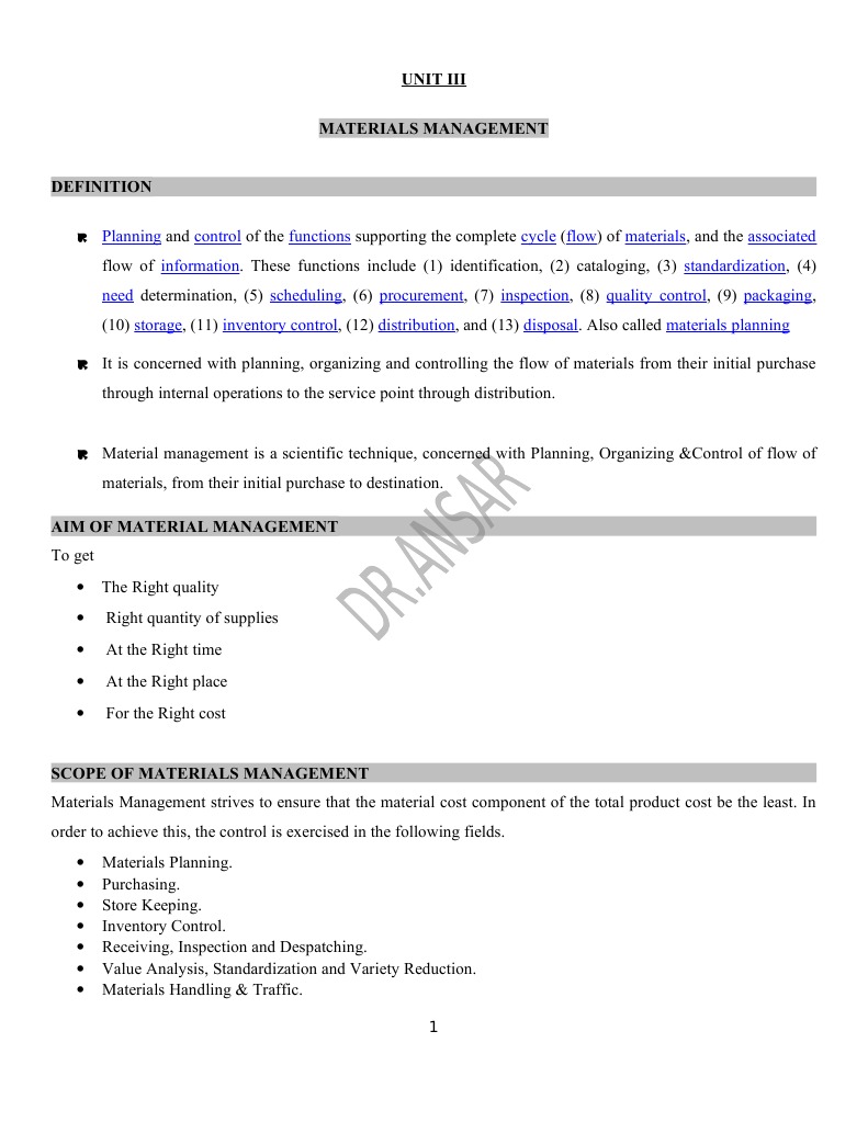 Unit Iii Materials Management | PDF | Inventory | Supply Chain Management