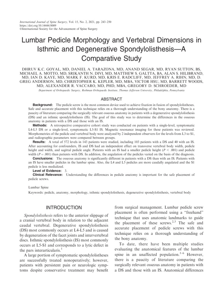 Lumbar Pedicle Morphology and Vertebral Dimensions in Isthmic and Degenerative Spondylolisthesis ...