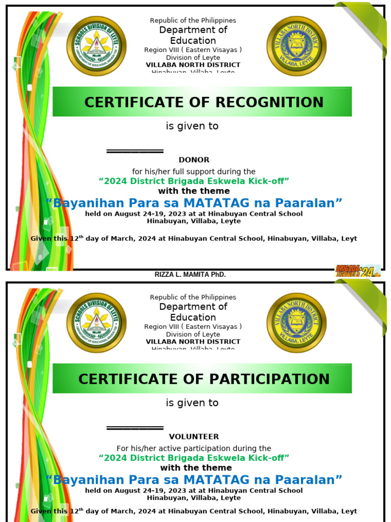 CERTIFICATE OF RECOGNITION and PARTICIPATION-DITRICT BRIGADA | PDF