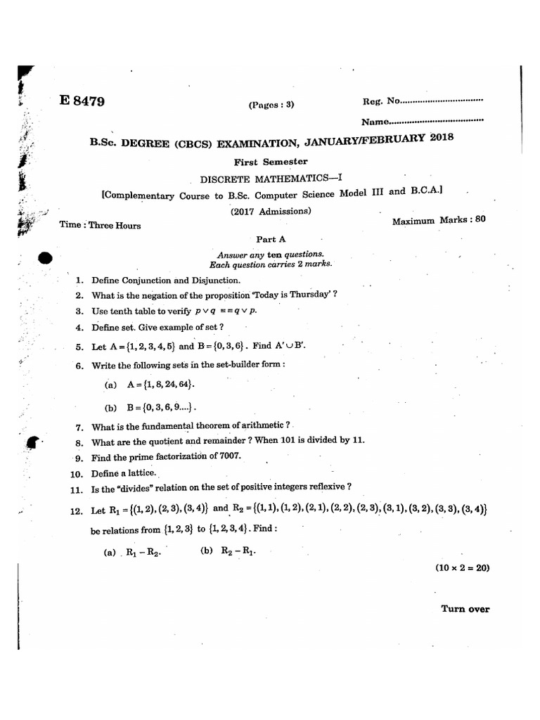 BSC Bca 1 Sem Discrete Mathematics 1 e 8479 Feb 2018 | PDF