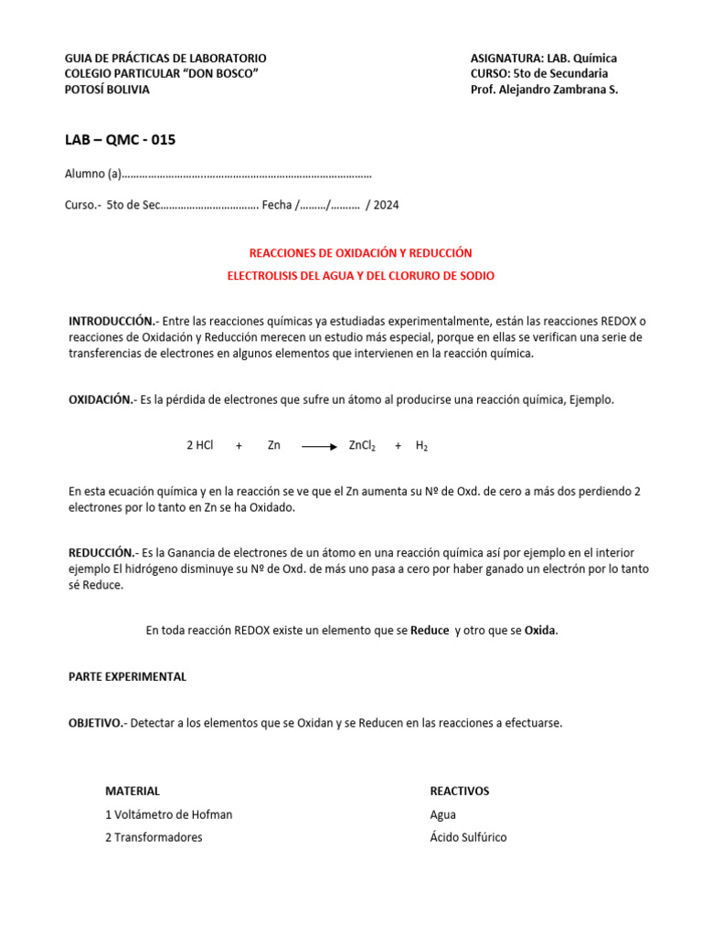 DON BOSCO LAB QMC-015 5to 2024 | PDF | Redox | Sustancias químicas