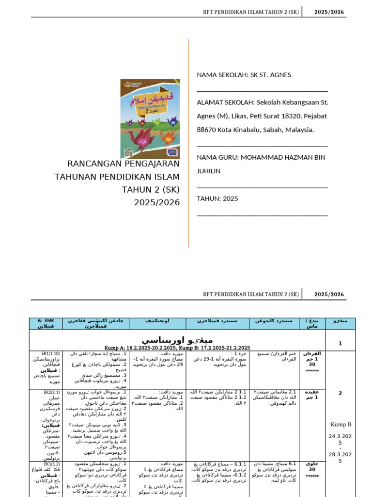 RPT Pendidikan Islam THN 2 SK 2025 2026 | PDF