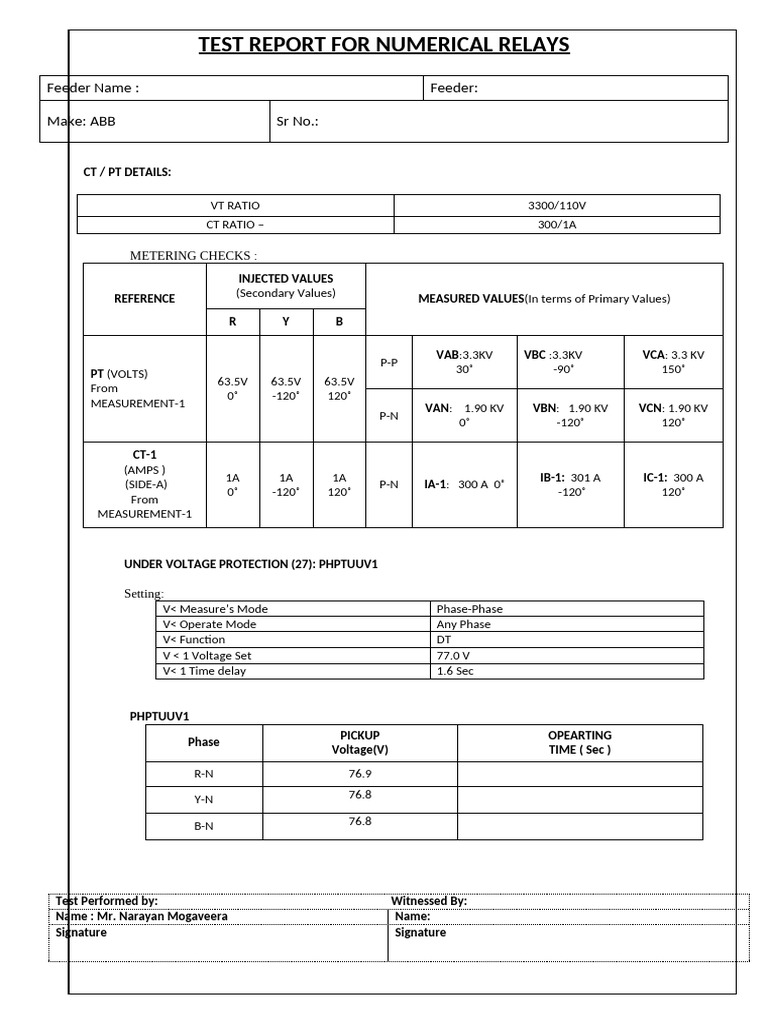 Numerical Relay Test Report - NEW | PDF | Relay | Volt