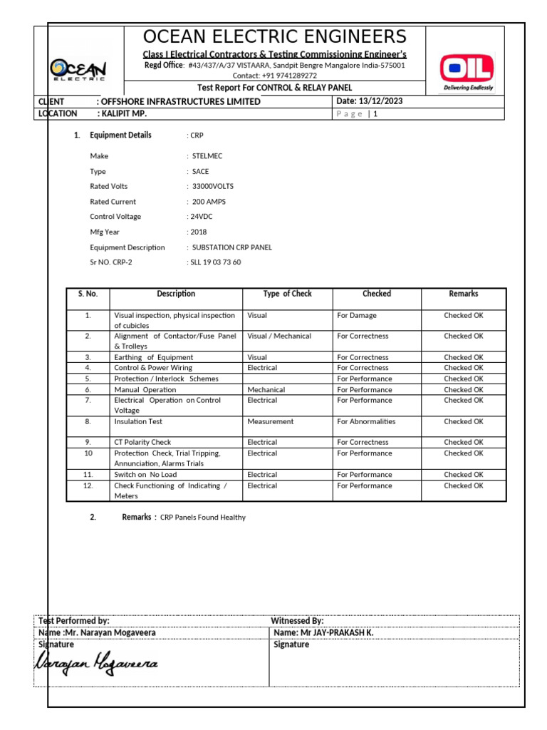 Offshore Bhanpura CRP PANEL_1 | PDF | Electric Power | Electrical Wiring
